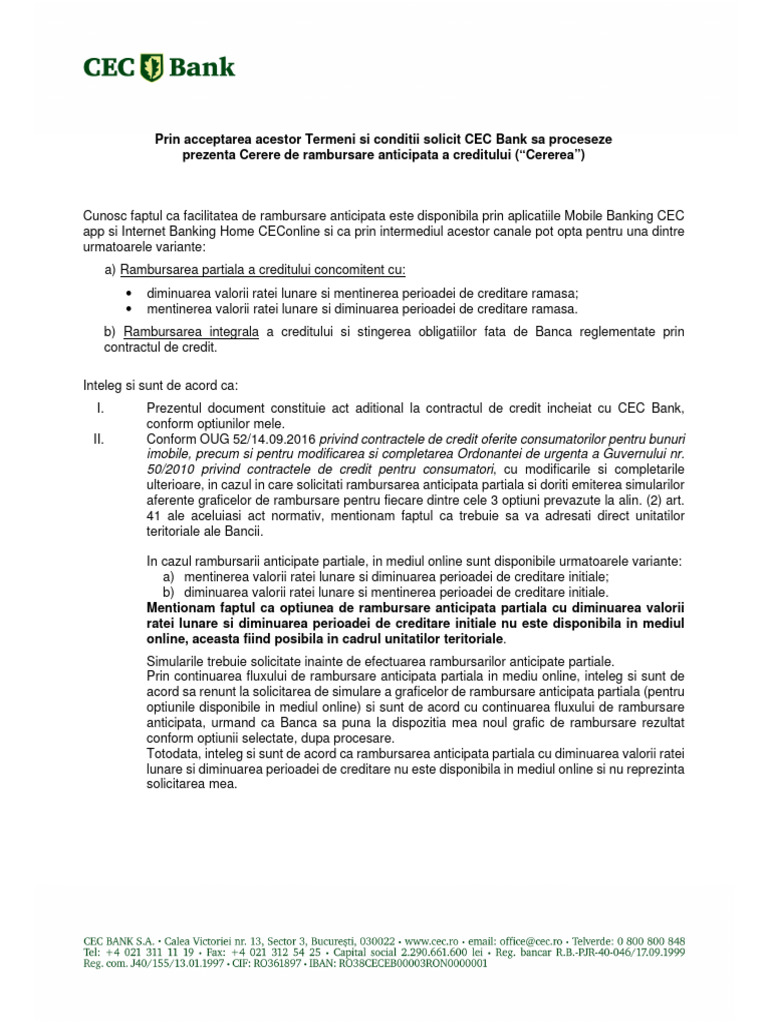 Termeni Conditii Rambursare Anticipata Credite | PDF