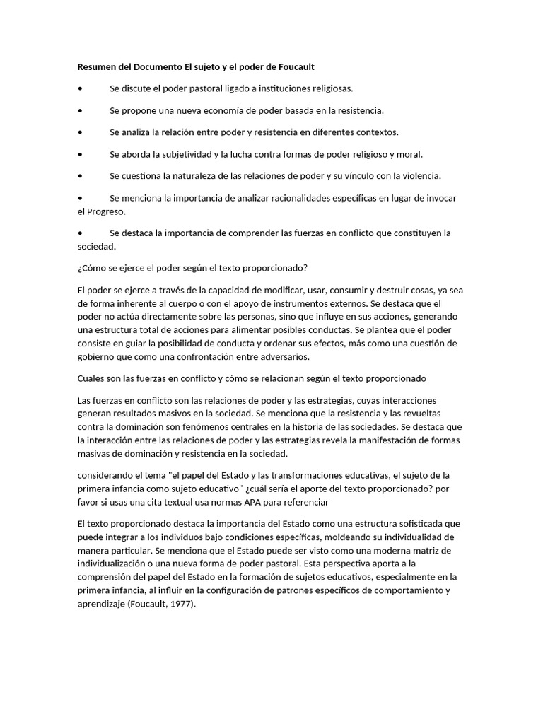 Resumen Del Documento El Sujeto y El Poder de Foucault | PDF