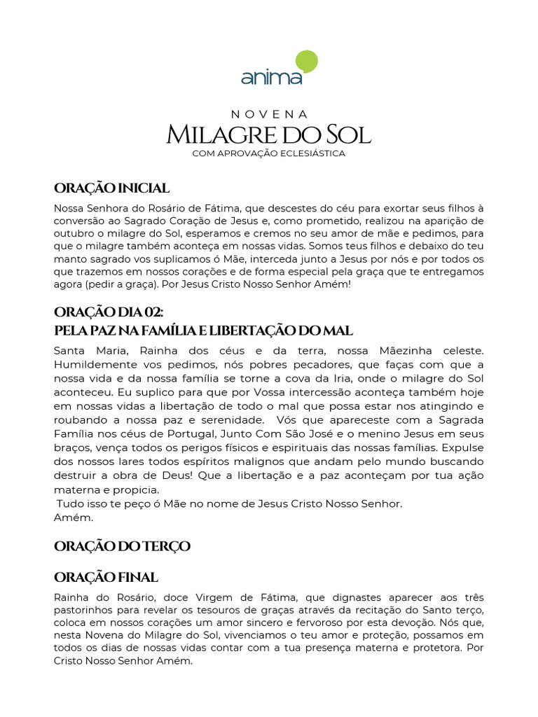 Oracao Novena Milagre Do Sol Dia 02 | PDF