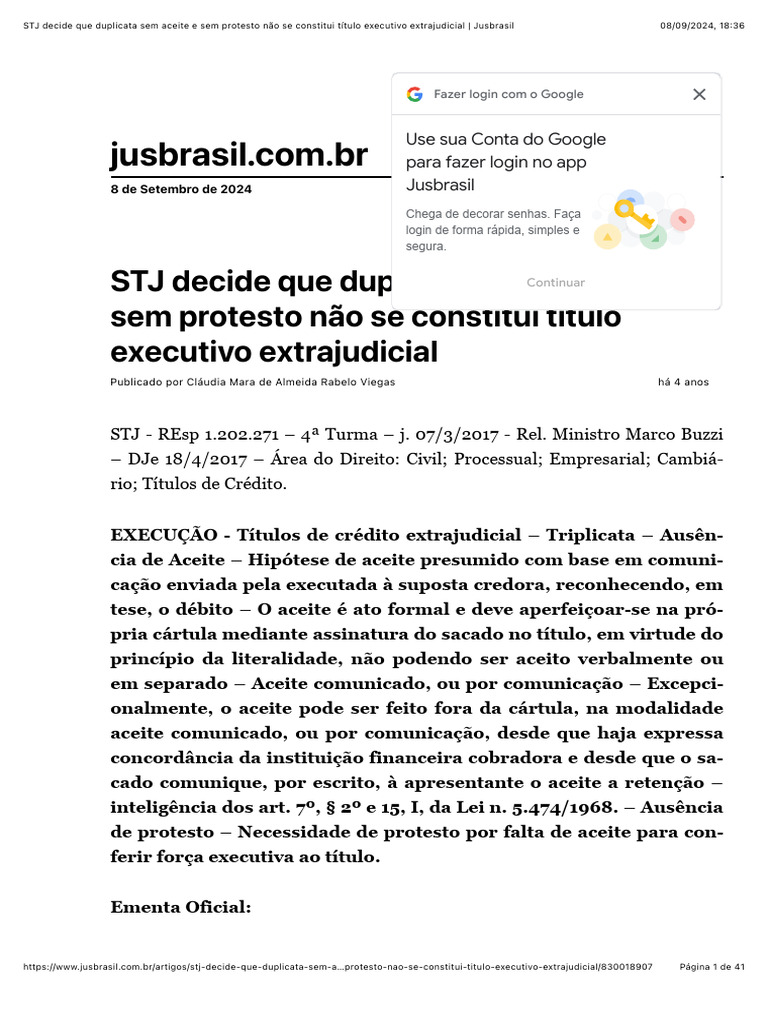 STJ: Duplicata sem aceite não é título executivo | PDF | Sentença (jurídico) | Crédito