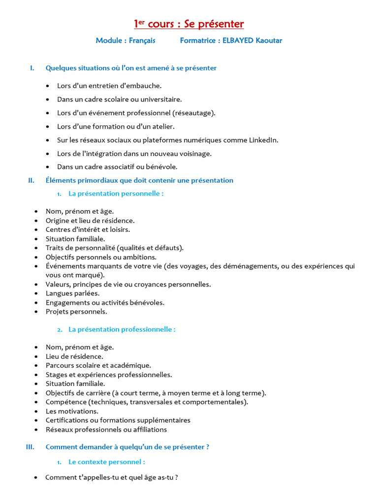 1er Cours - Se Présenter | PDF