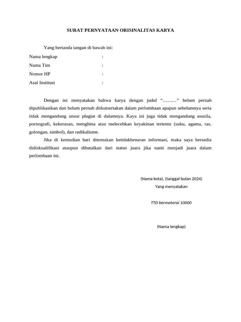 Surat Pernyataan Orisinalitas Karya | PDF