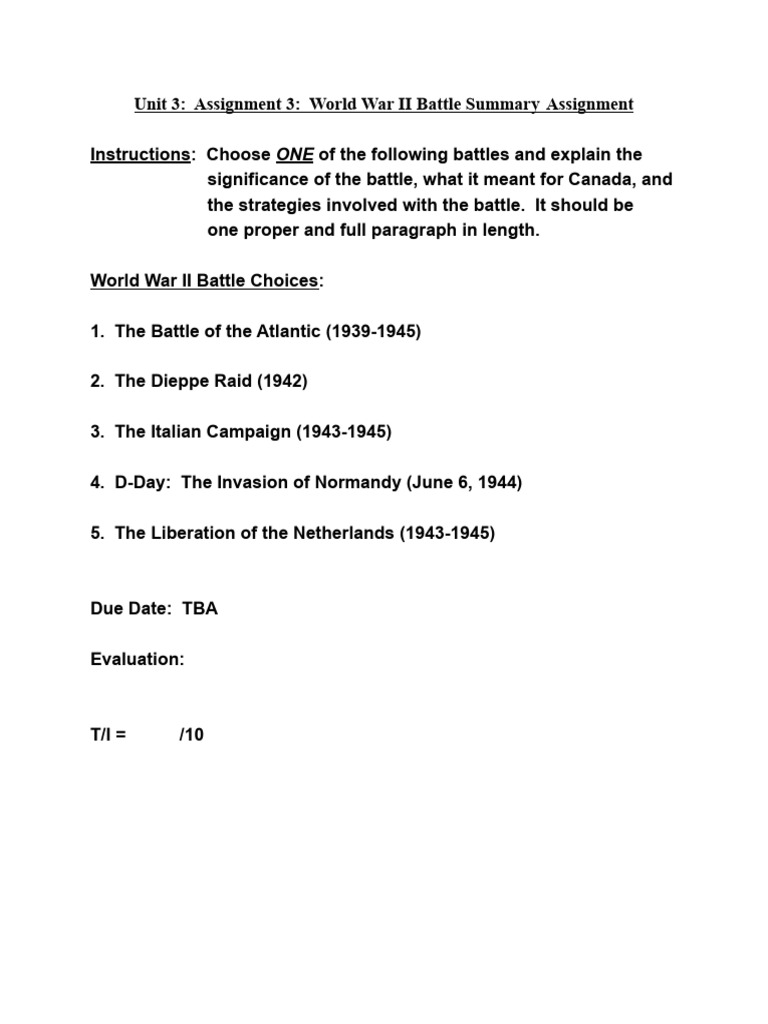 Unit 3 - Assignment 3 - World War II Battle Summary Assignment | PDF