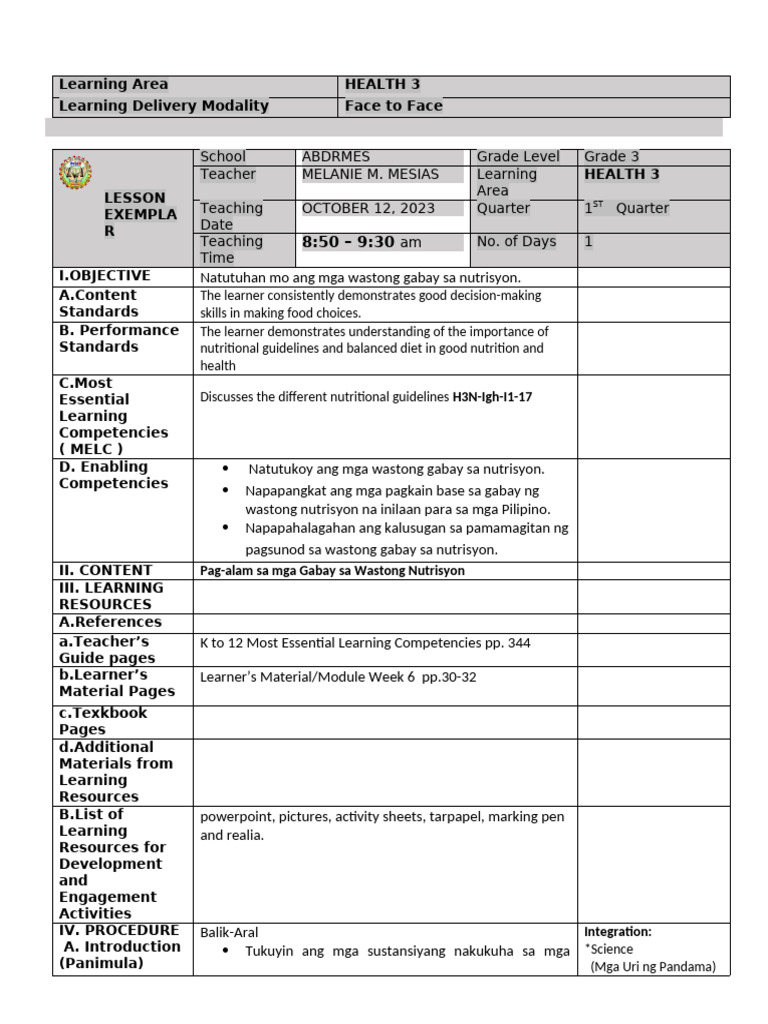 COT1 Lesson Plan Exemplar in Health | PDF