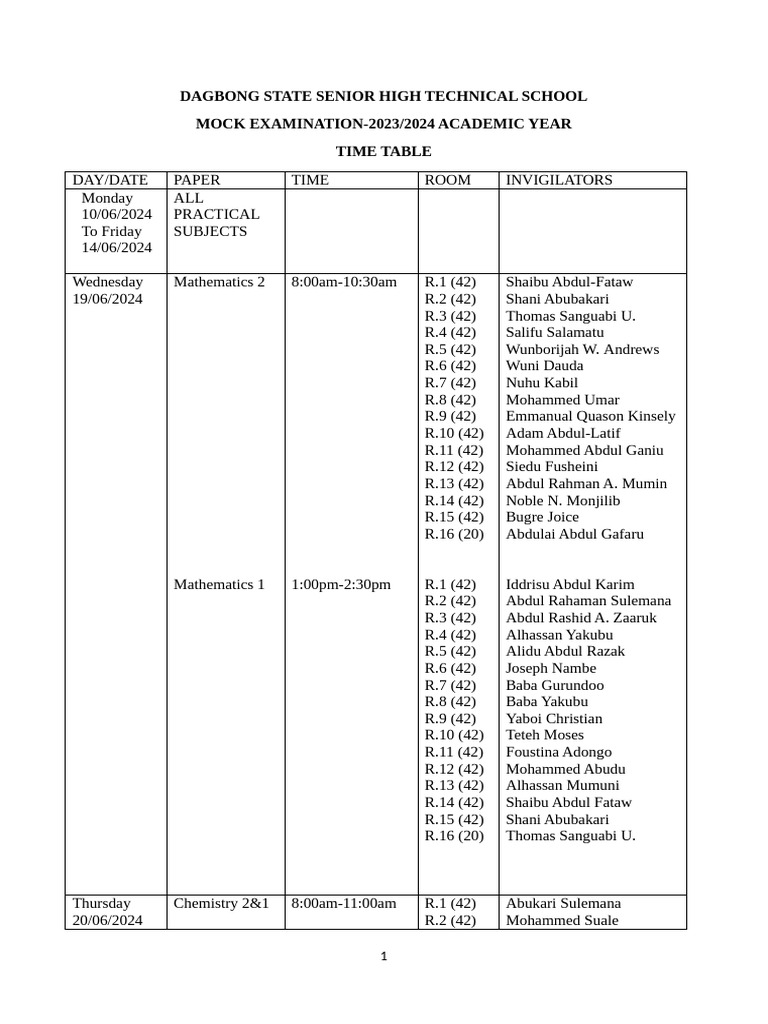 2023 - 2024 Mock Exams Time Table | PDF