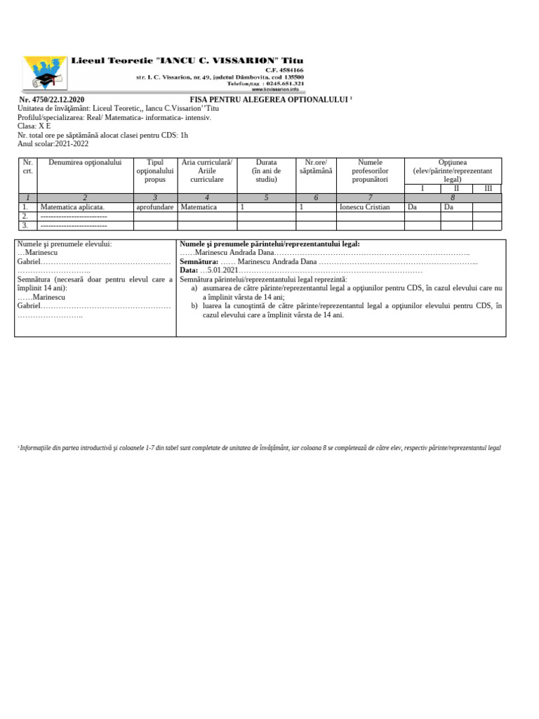 fisa optiune elev, parinte, X E | PDF