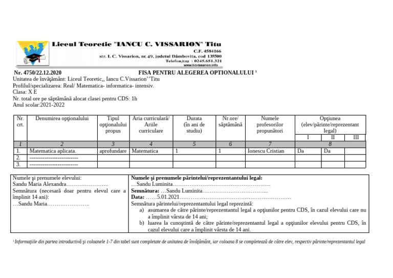 Fisa Optiune Elev, Parinte, XE | PDF