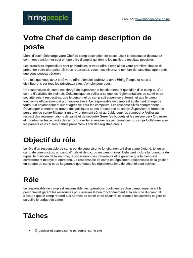 Chef de Camp Job Description | PDF