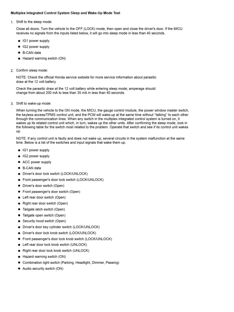 Multiplex Integrated Control System Sleep and Wake-Up Mode Test 2382 | PDF