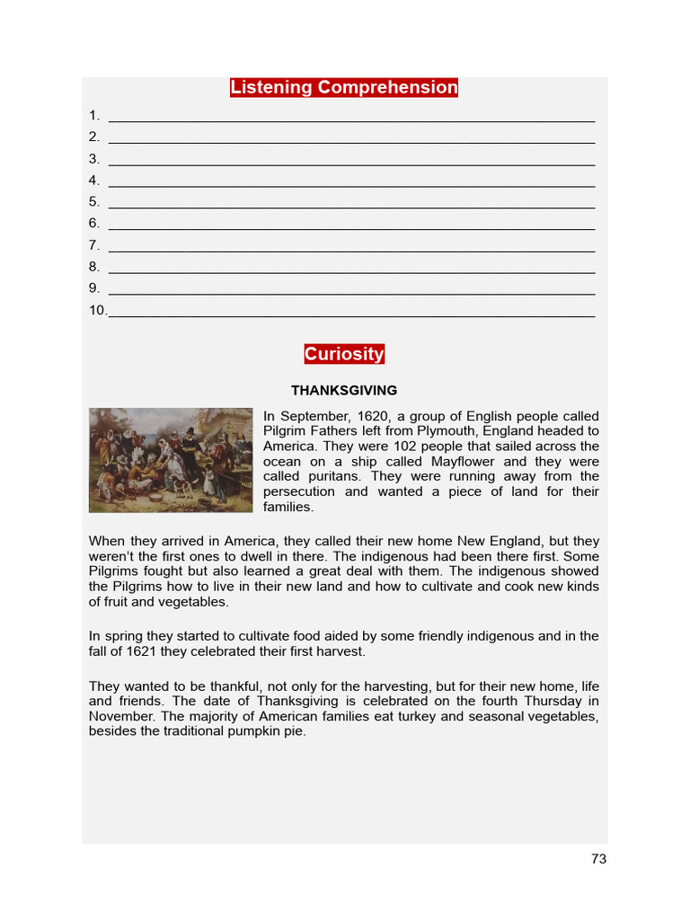 Listening Comprehension: Thanksgiving | PDF