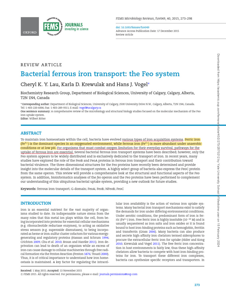 Bacterial Ferrous Iron Transport - The Feo System | PDF