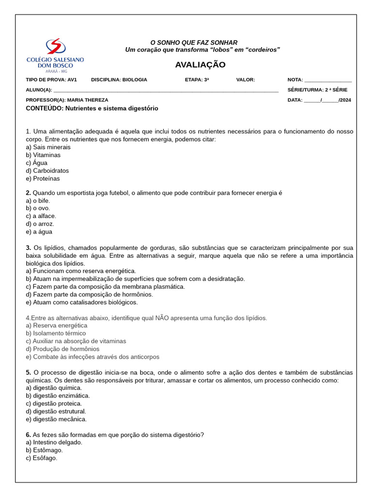 AV1- ADAPTADA - BIOLOGIA - 2º ANO | PDF