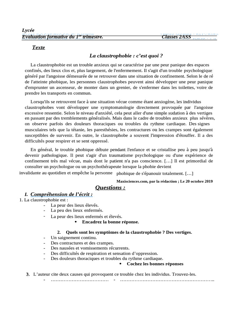 Claustrophobie 2AS | PDF