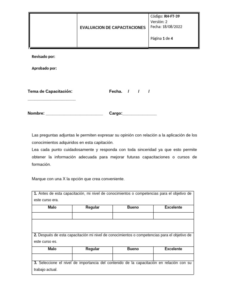 RH-FT-39 Formato Evaluacion de Capacitaciones | PDF