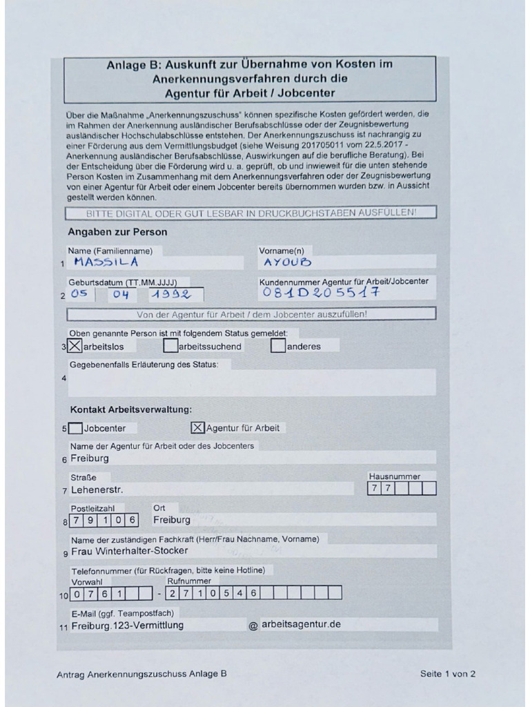 Pro Anerkennungszuschuss Formular Anlage B | PDF