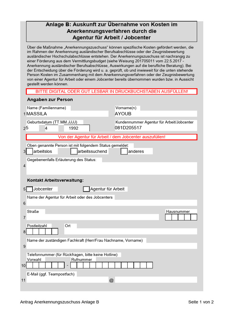Pro Anerkennungszuschuss Formular Anlage B | PDF