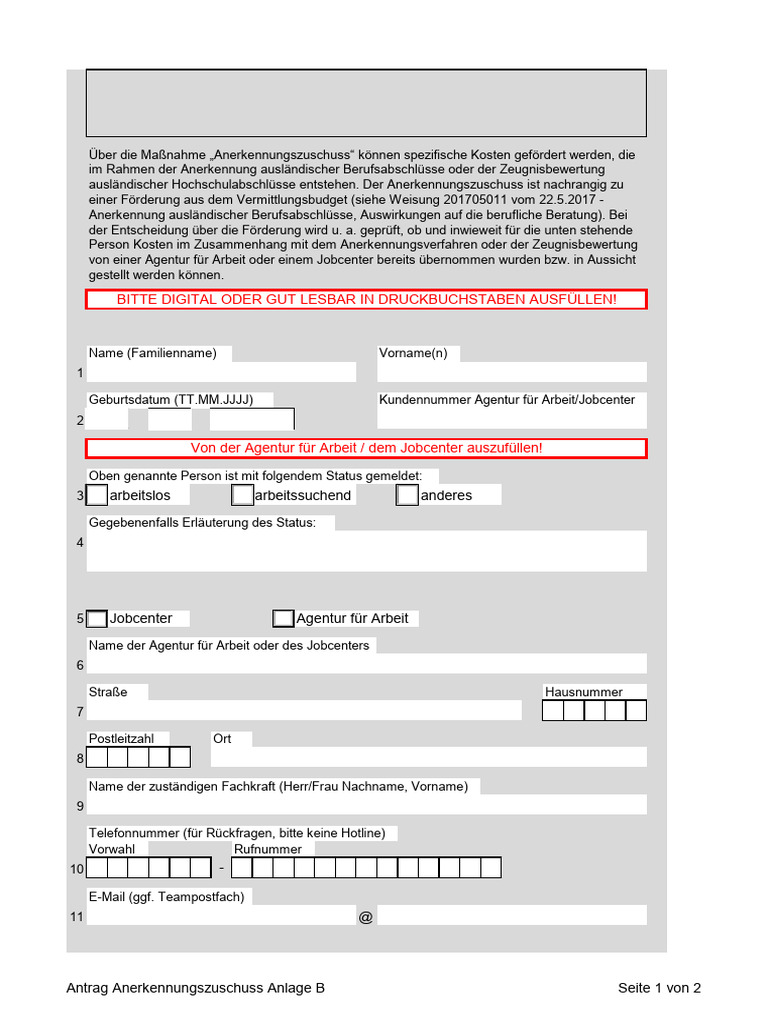 Pro Anerkennungszuschuss Formular Anlage B | PDF