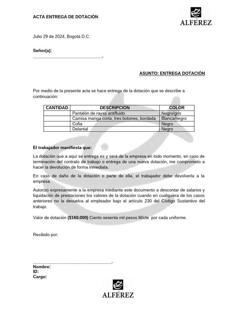 Acta Entrega de Dotación | PDF