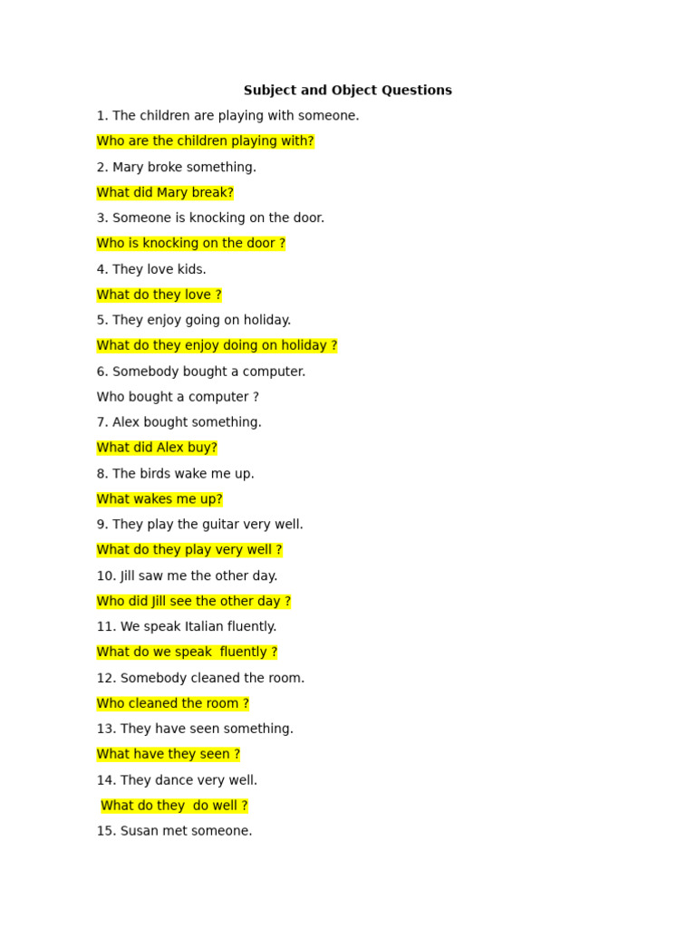 Subject and Object Questions - Indirect Questions Exercise | PDF