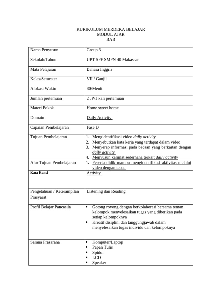 MODUL AJAR DAILY ACTIVITY () | PDF