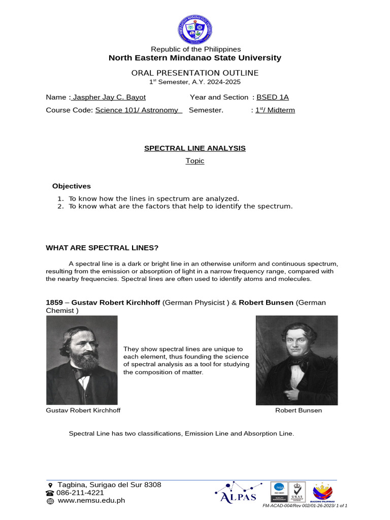 Week 6 Spectral Line Analysis Jaspher Jay C. Bayot | PDF