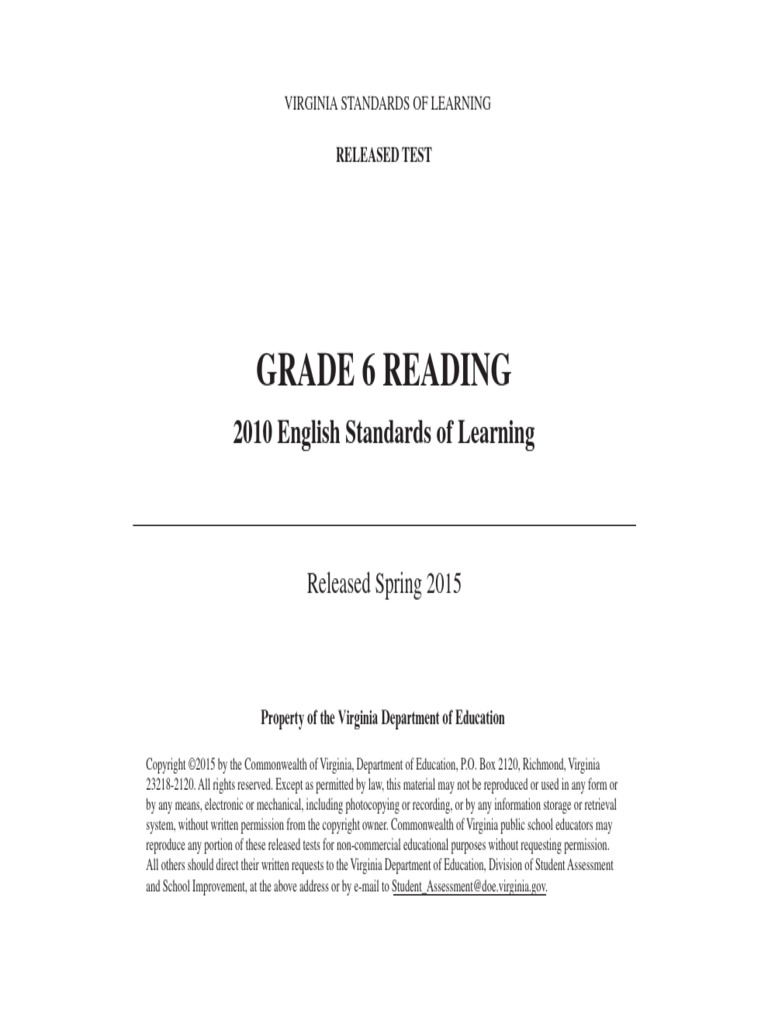 Upright (No Key) SOL Reading Practice Grade 6 (2015) | PDF