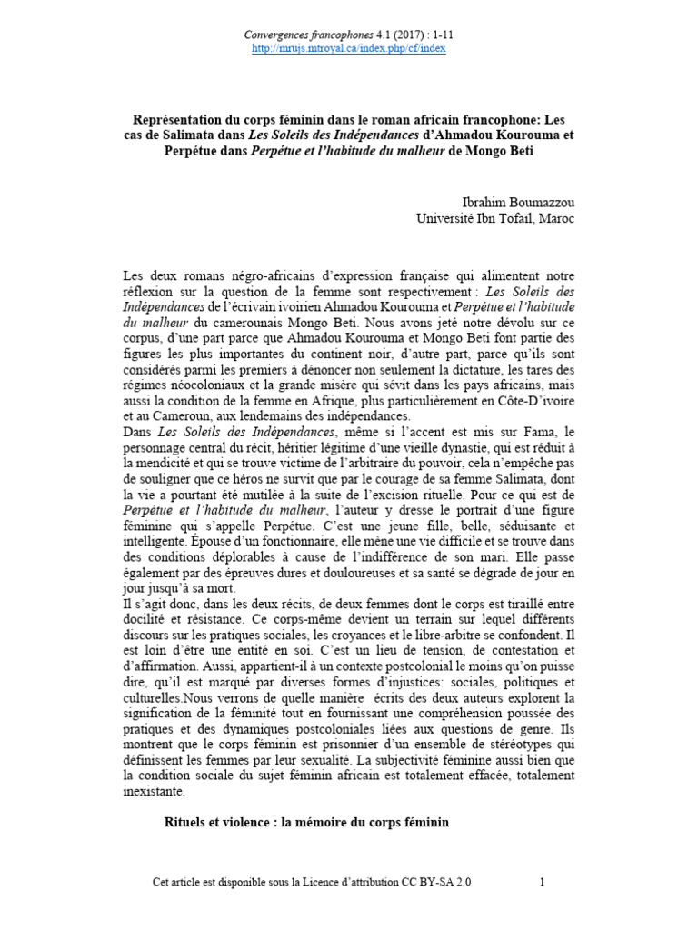 Représentation Du Corps Féminin Dans Le Roman Africain Francophone: Les ...