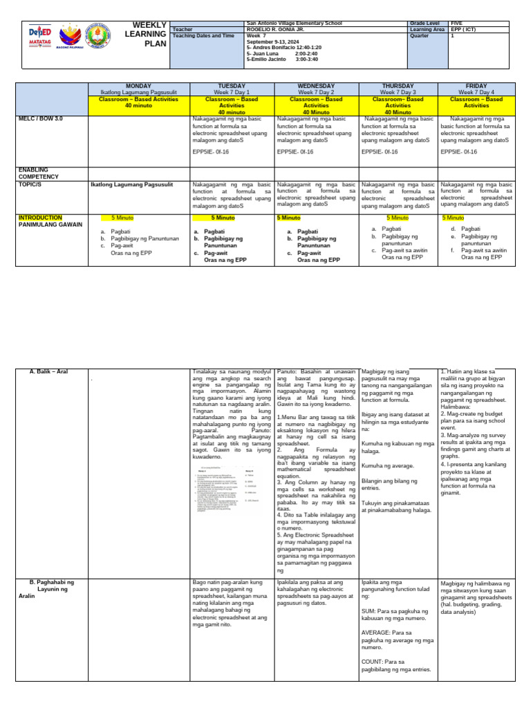DLL Q1 W7 Epp Ict 5 Sep 9 | PDF | Spreadsheet | Microsoft Excel