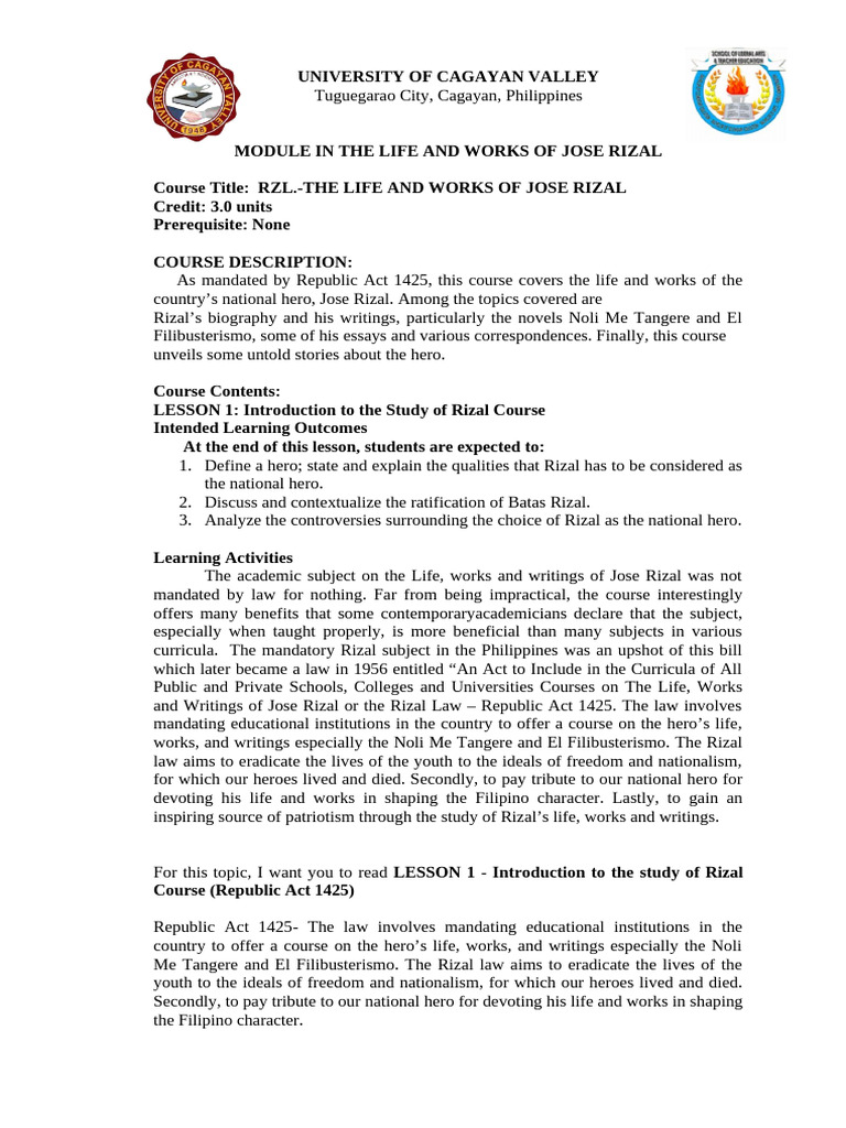 Life Works and Writings of Rizal Revised Module | PDF