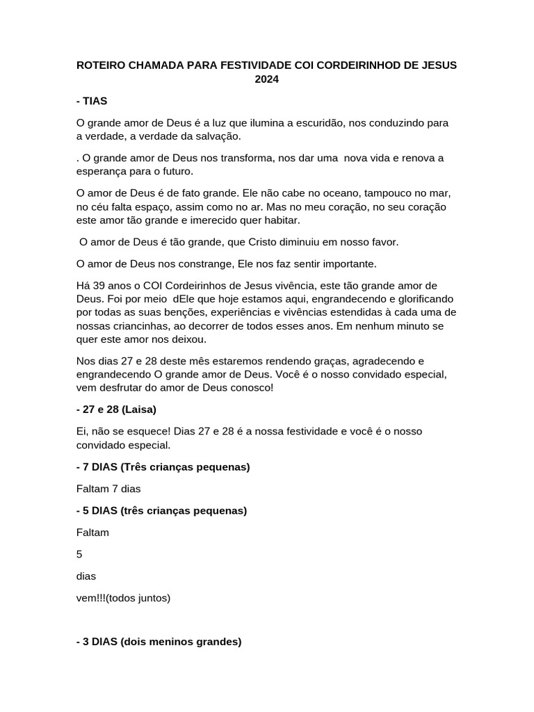 Roteiro Chamada para Festividade Coi Cordeirinhod de Jesus 2024 | PDF