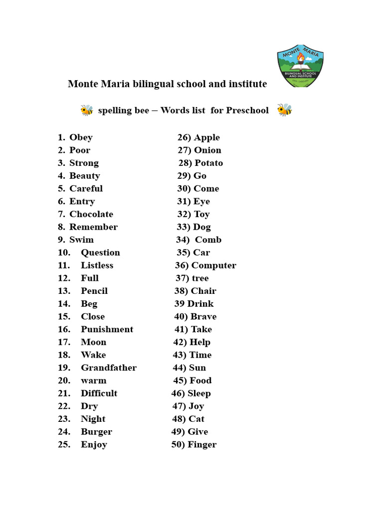 Spelling Bee List Words Preschool | PDF