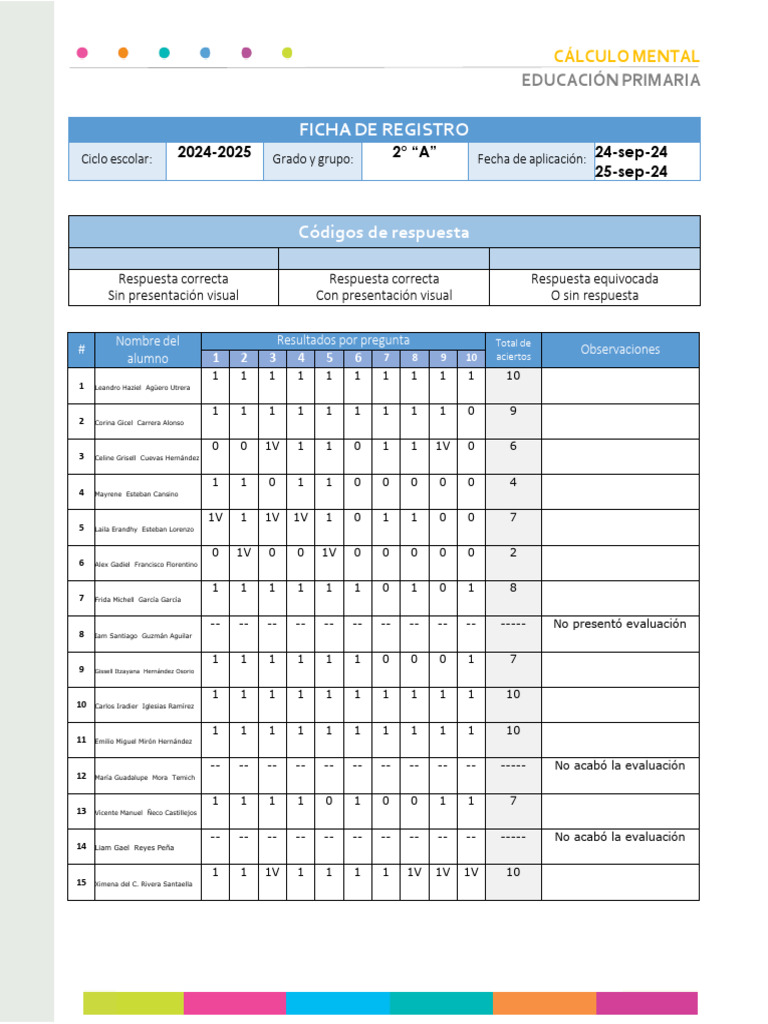 Formato de Calculo Mental 2° A | PDF