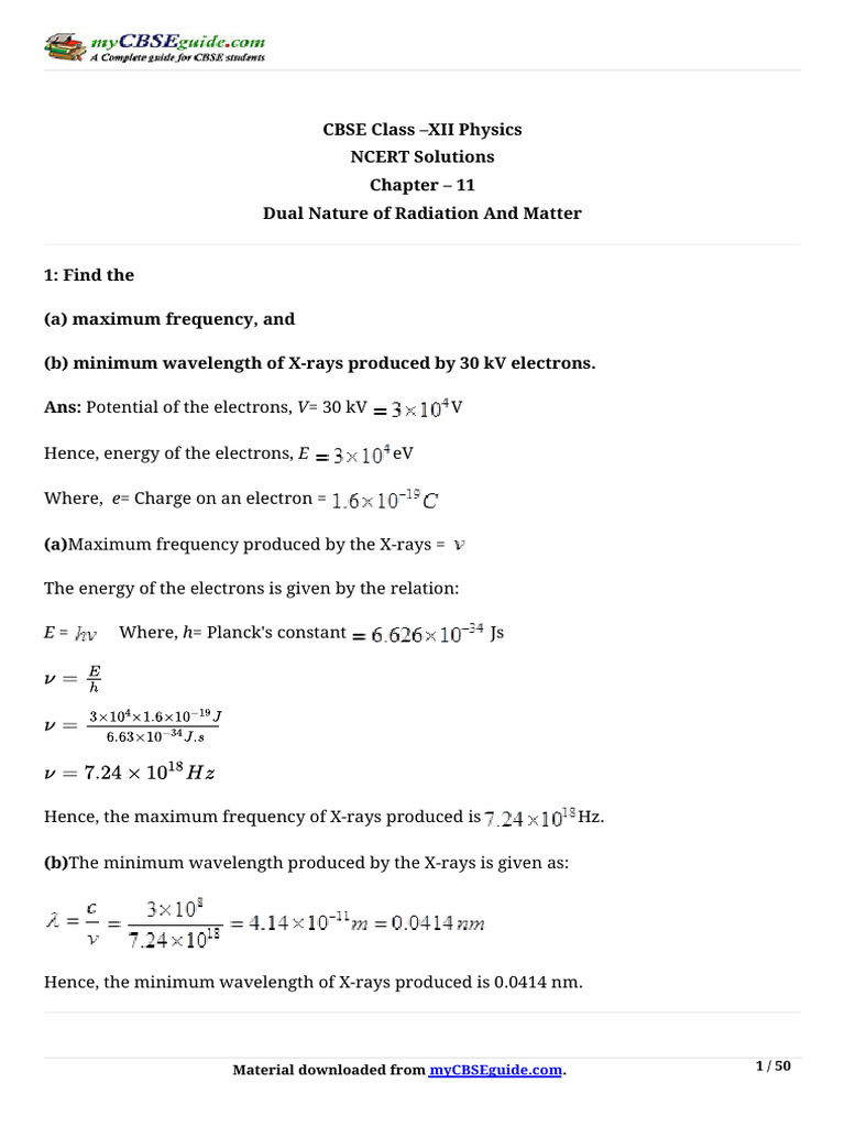 12 Physics Ncert ch11 Dual Nature of Radiation and Matter Part 1 Ques | PDF