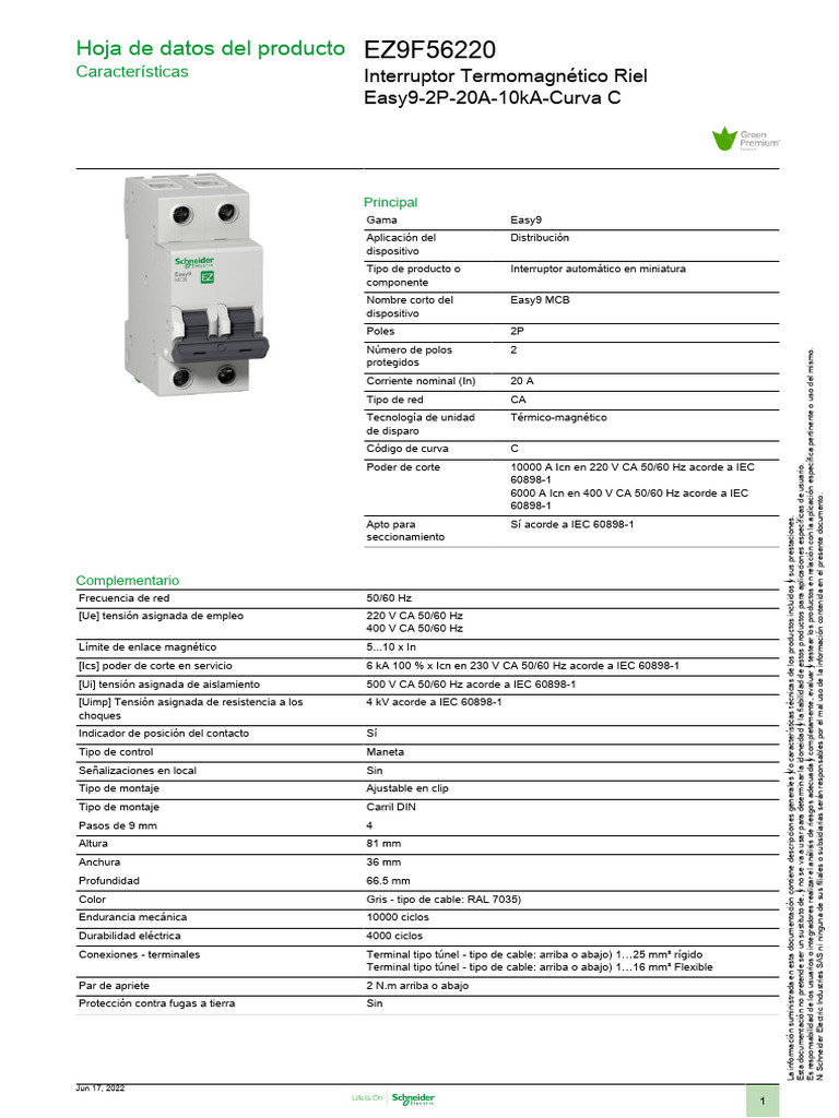 Hoja de Datos Del Producto: Interruptor Termomagnético Riel Easy9-2P-20A-10kA-Curva C | PDF