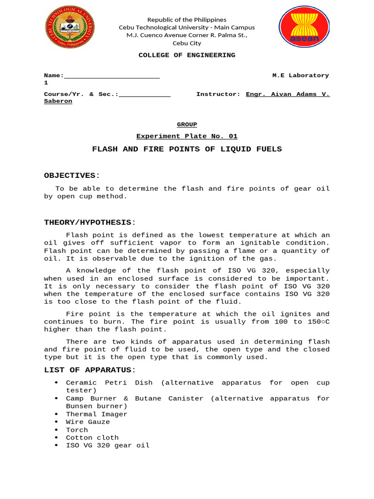 ME LAB 1 EXPERIMENT 1.A Flash Point and Fire Point | PDF