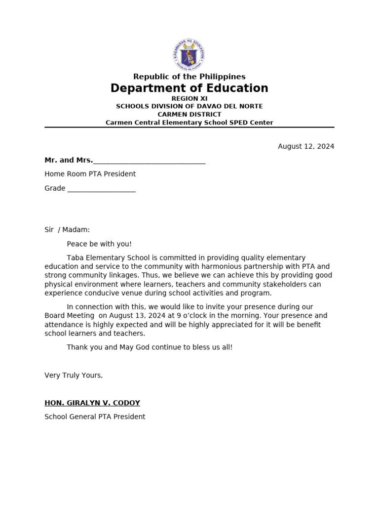 REQUEST LETTER TO PTA PRESIDENT BAORD MEETING 2024 | PDF