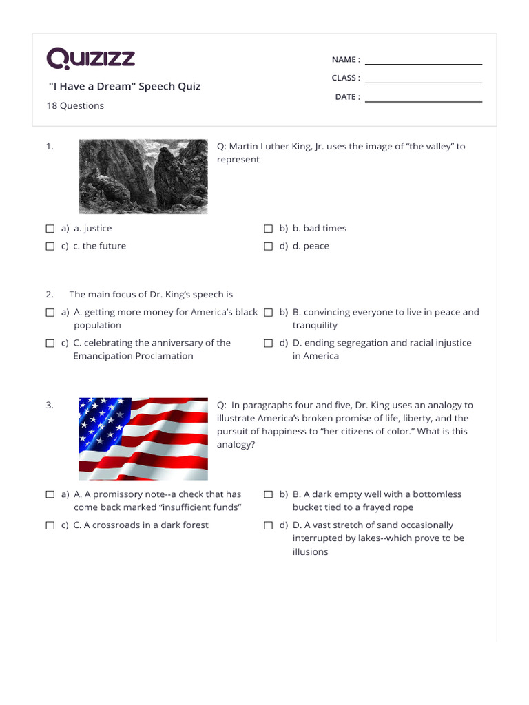 I Have A Dream Speech Quiz Print | PDF | Martin Luther King Jr. | Travel