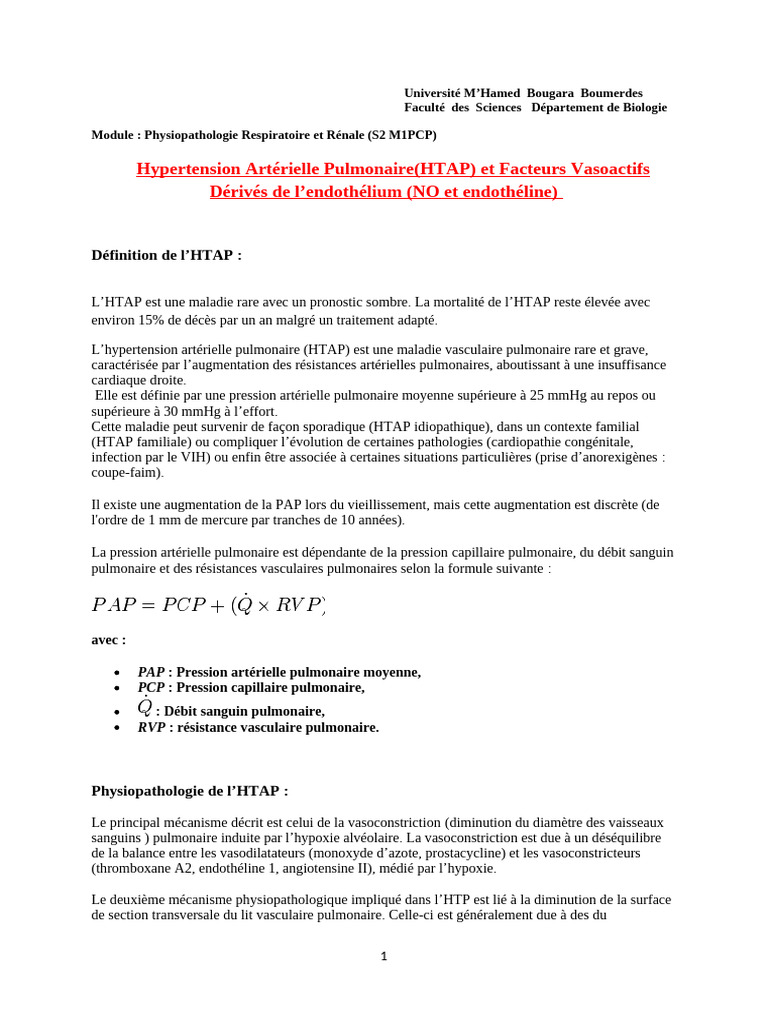 Hypertension Artériel Pulmonaire HTAP | PDF