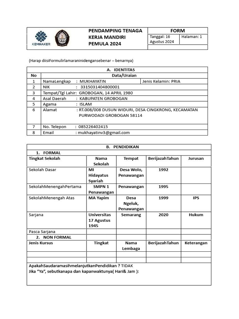 Formulir Lamaran Kerja Pendamping TKM | PDF