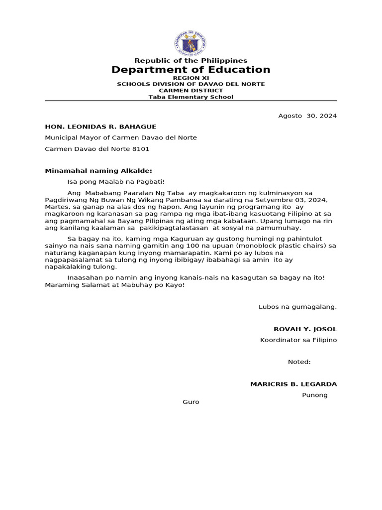 Request Letter To Mayor in Tagalog | PDF