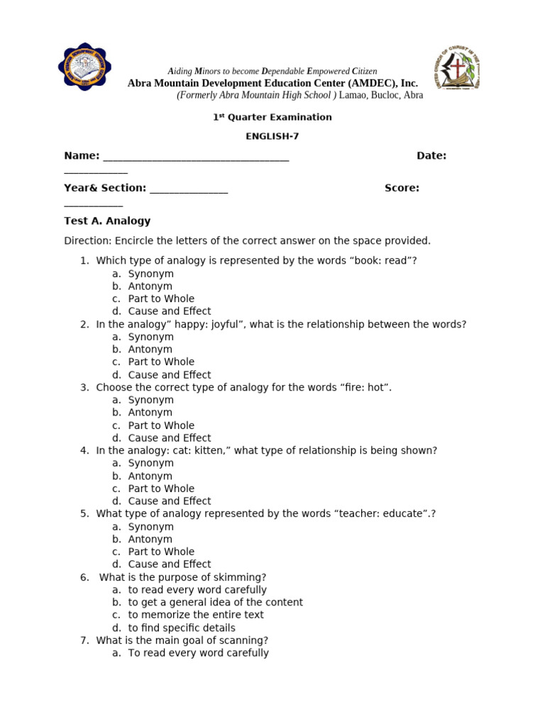 English-7 1st Quarter Exam | PDF