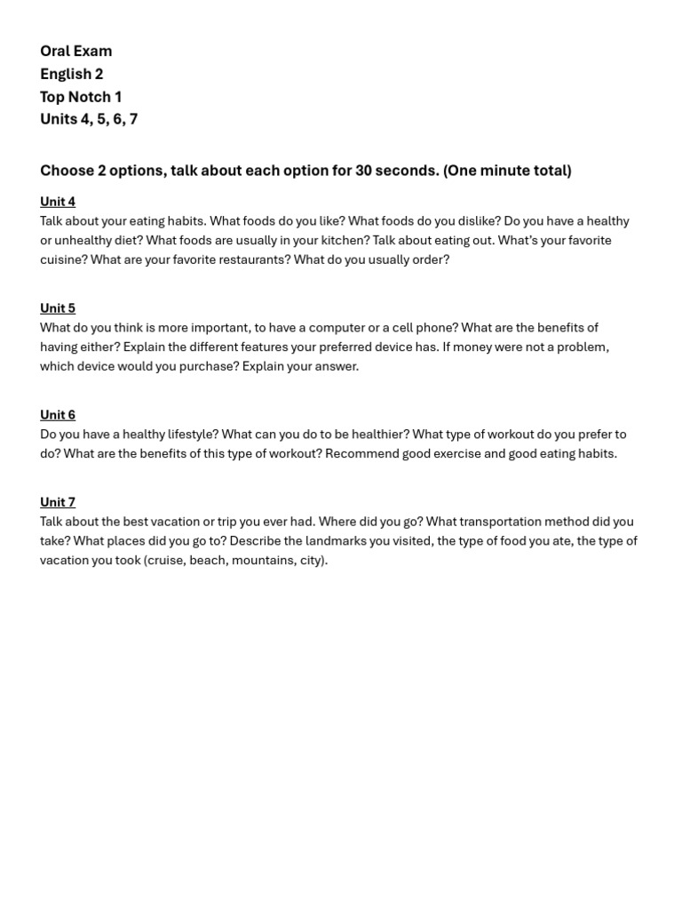 Top Notch 1 - Units 4 5 6 7 - Oral Exam Prompts | PDF
