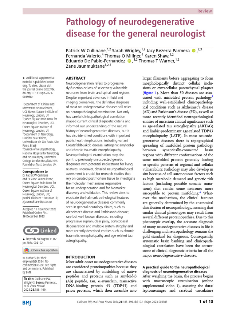 Pathology of Neurodegenerative Disease For The General Neurologist | PDF