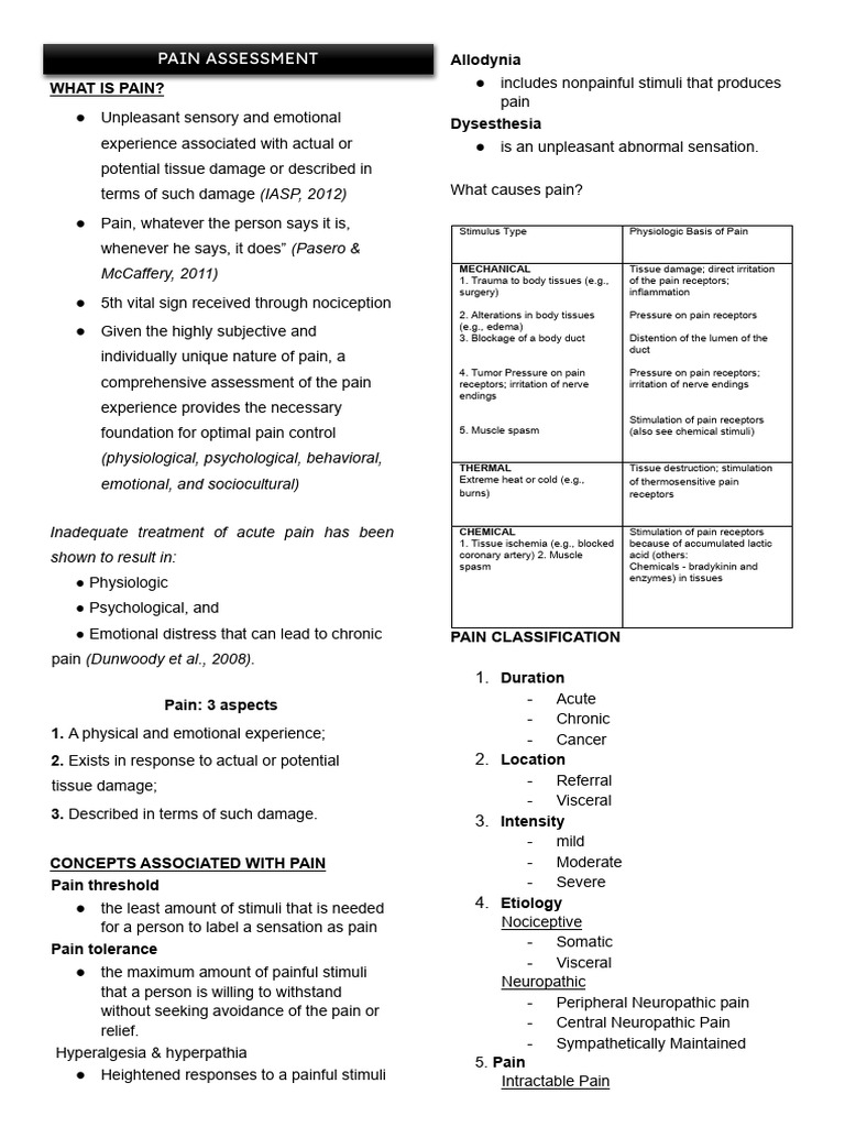 Pain Assessment NOTES (Fundamentals of Nursing) | PDF