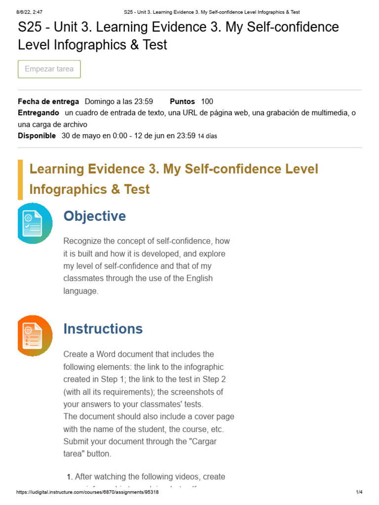 S25 - Unit 3. Learning Evidence 3. My Self-Confidence Level ...
