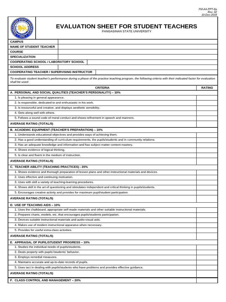 08a Evaluation Sheet For PracticeTeachers Rev.02 | PDF