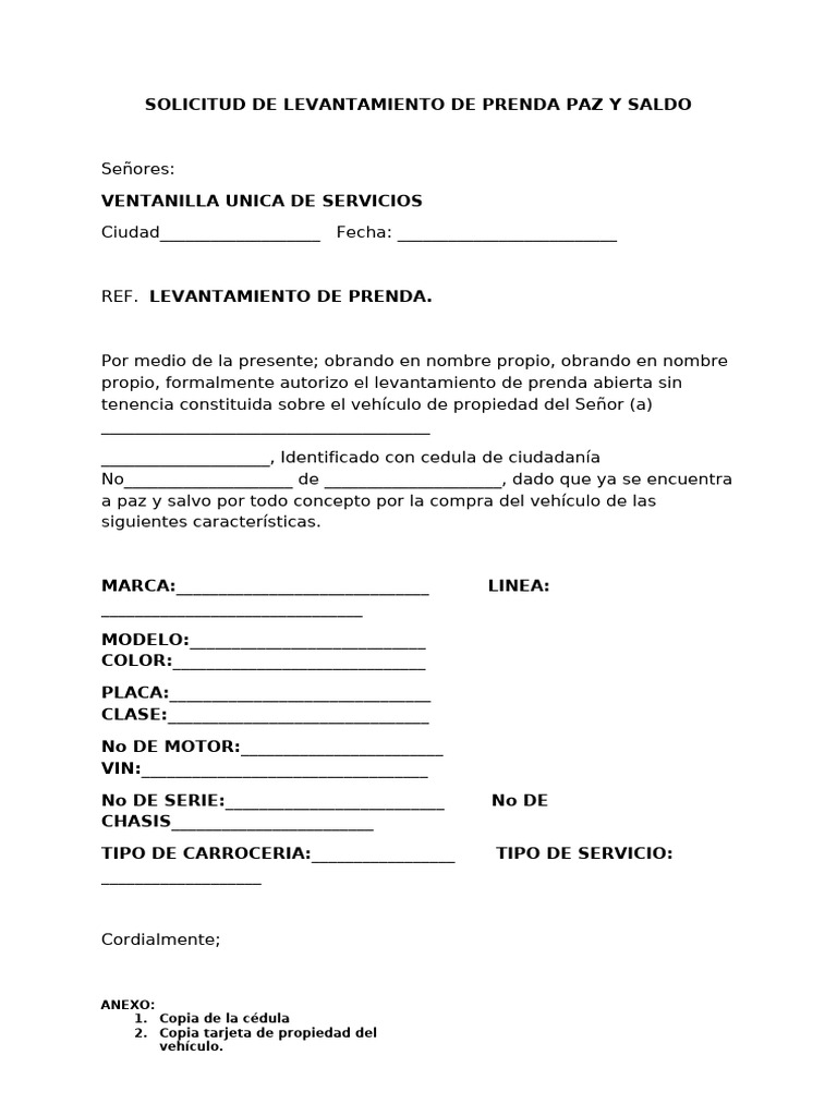 Solicitud de Levantamiento de Prenda PZ y Saldo | PDF