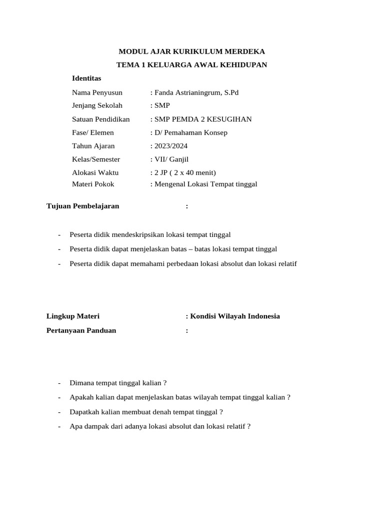 Modul ajar IPS 7 TEMA 01 B. Mengenal Lokasi tempat tinggal kondisi wilayah indonesia | PDF