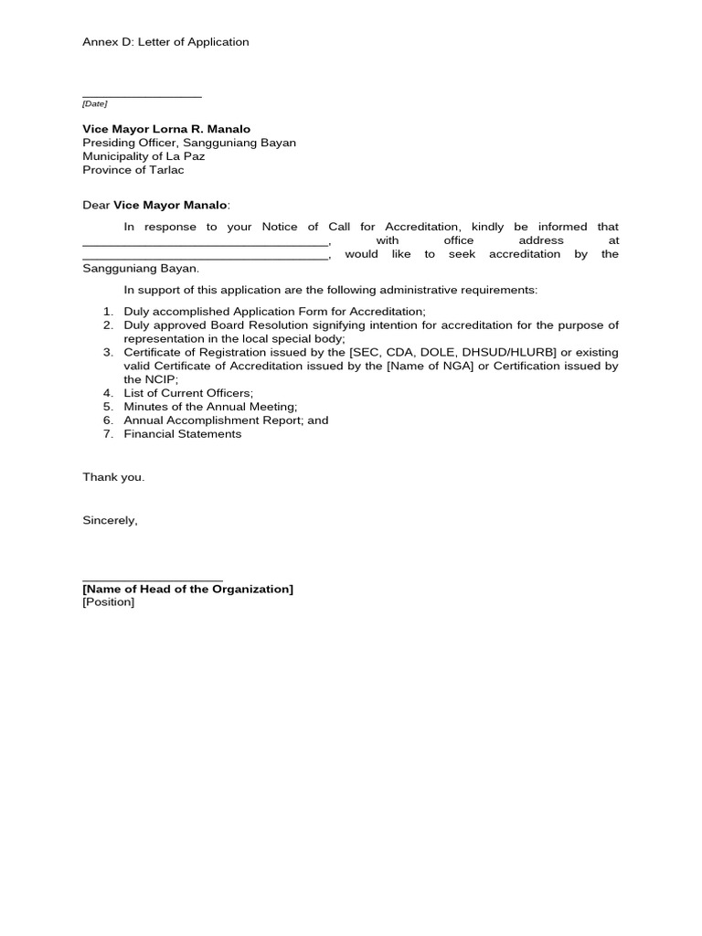 Annex D Letter of Application | PDF