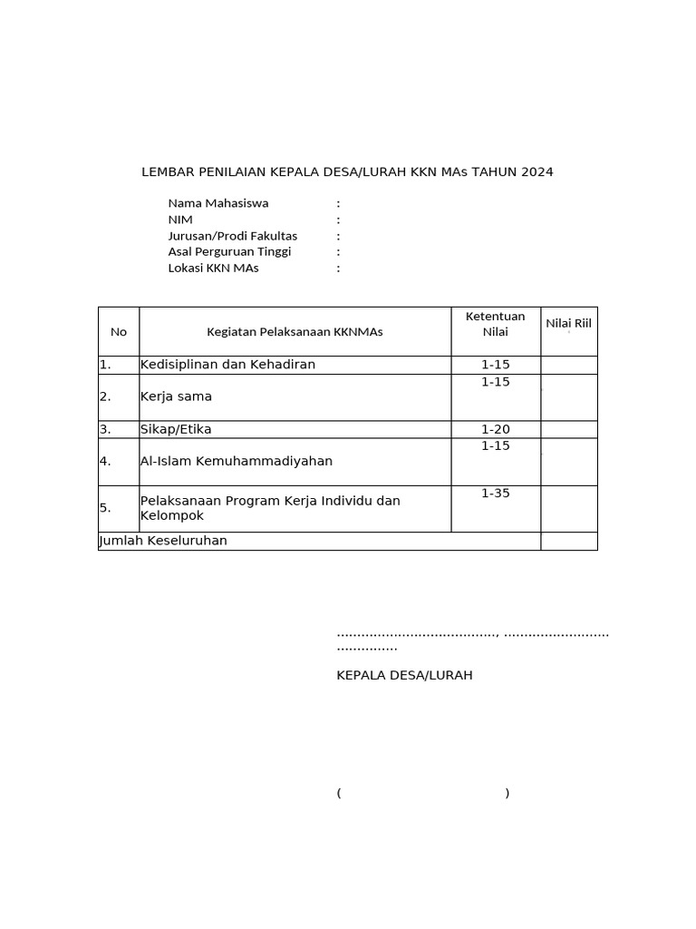 Lembar Penilaian Kepala Desa Dan DPL | PDF